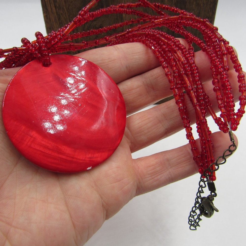 20" Red Shell & Beaded Necklace Vintage Costume - Gem